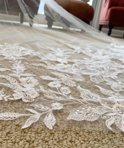 Wide Crystal & Sequin Lace Appliqué Cathedral Veil | NY Gift Boutique